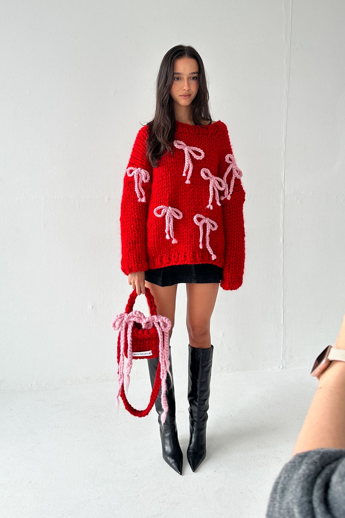 Red Colossal Knit Crossbody Bag with Bows | Hope Macaulay